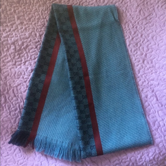 Gucci | Accessories | Gucci Gg Jacquard Wool Silk Scarf Blue Burgundy ...